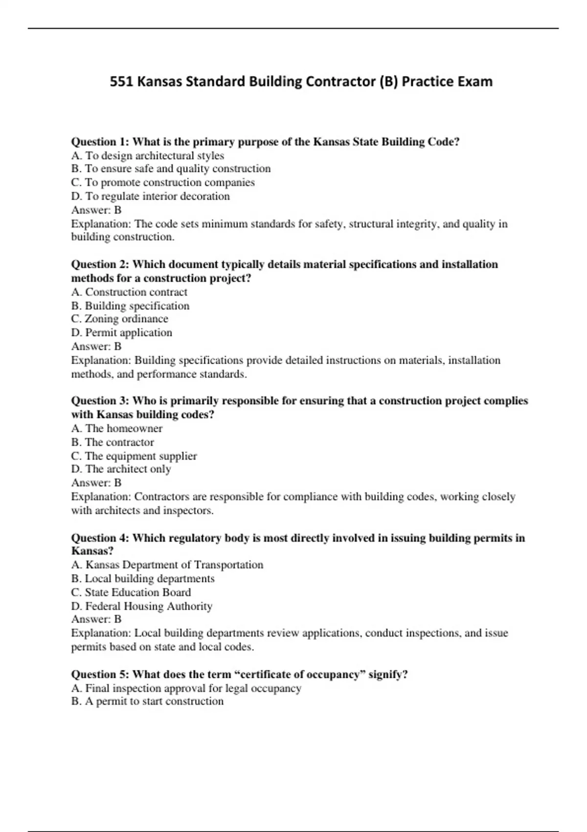 551 Kansas Standard Building Contractor (B) Practice Exam - Computers ...