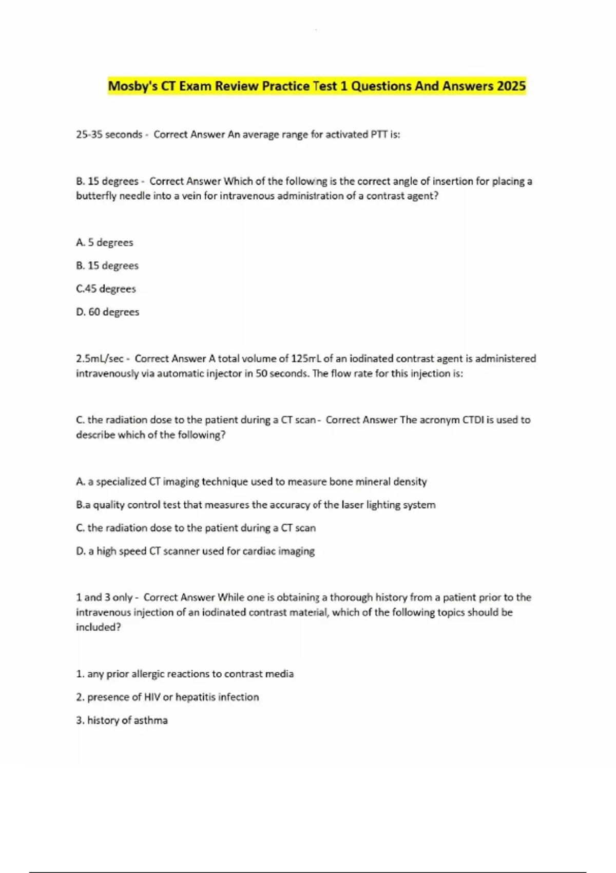 Mosby's CT Exam Review Practice Test 1 Questions And Answers 2025 ...