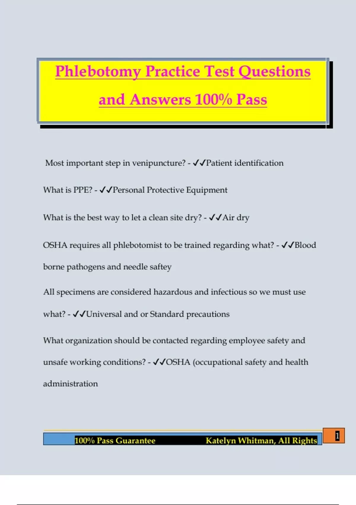 Phlebotomy Practice Test Questions and Answers 100% Pass - Phlebotomy ...