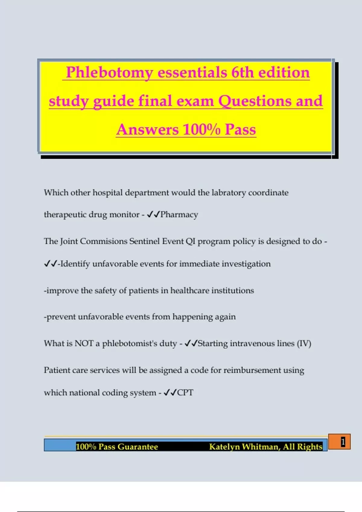 Phlebotomy essentials 6th edition study guide final exam Questions and ...