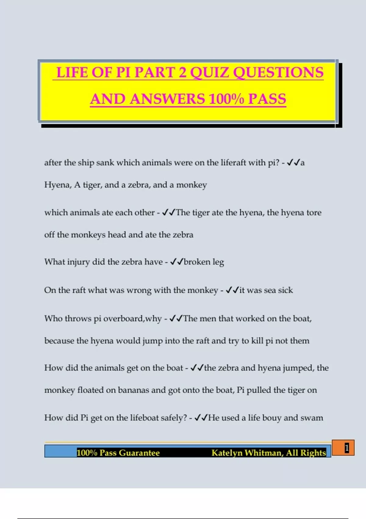 LIFE OF PI PART 2 QUIZ QUESTIONS AND ANSWERS 100% PASS - Life of Pi ...