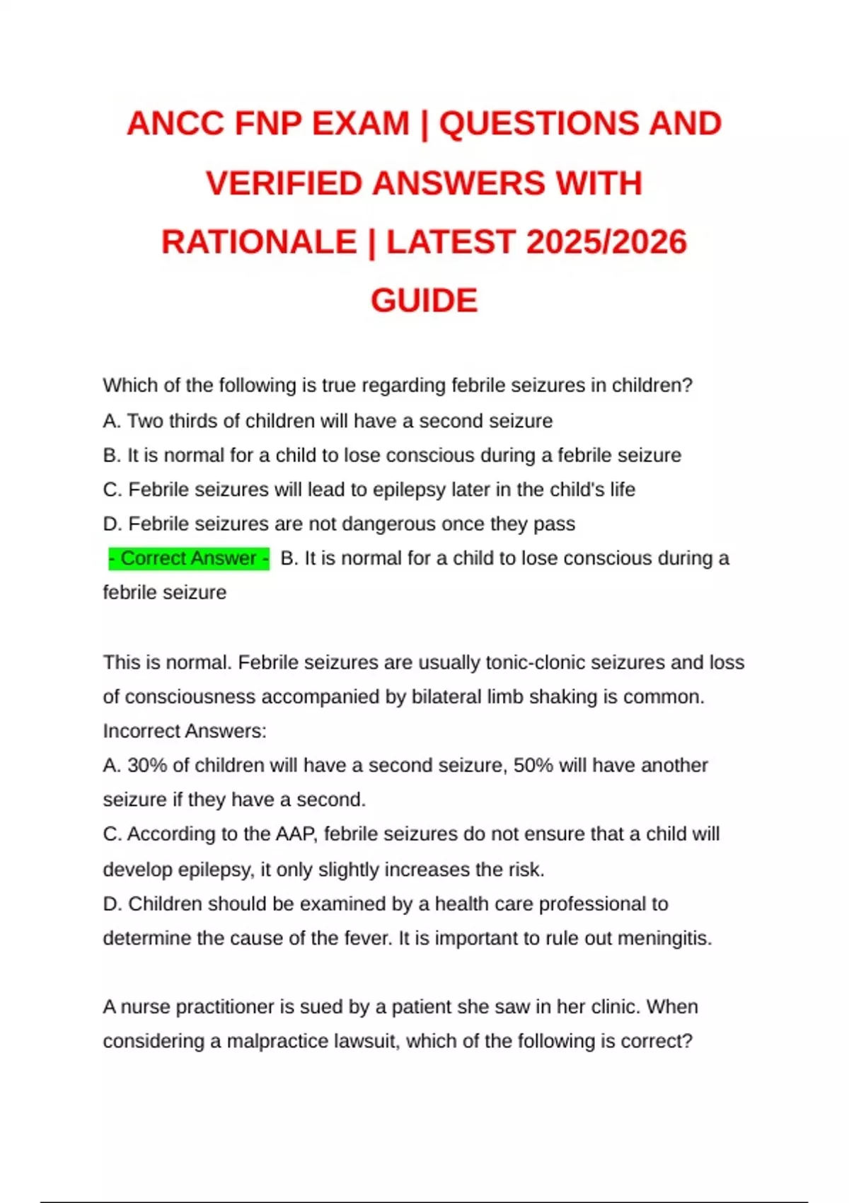 BUNDLE FOR ANCC FNP EXAM | QUESTIONS AND VERIFIED ANSWERS WITH ...