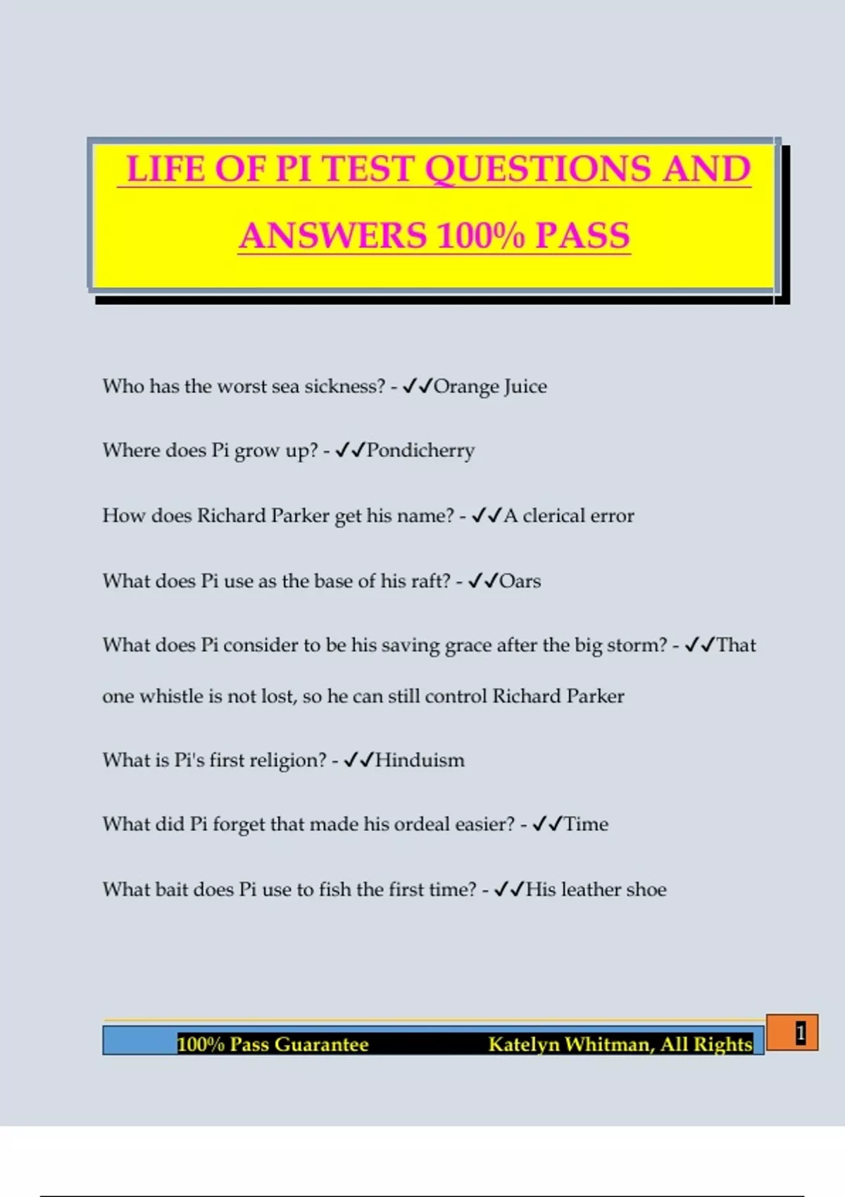 LIFE OF PI TEST QUESTIONS AND ANSWERS 100% PASS - Life of Pi - Stuvia US