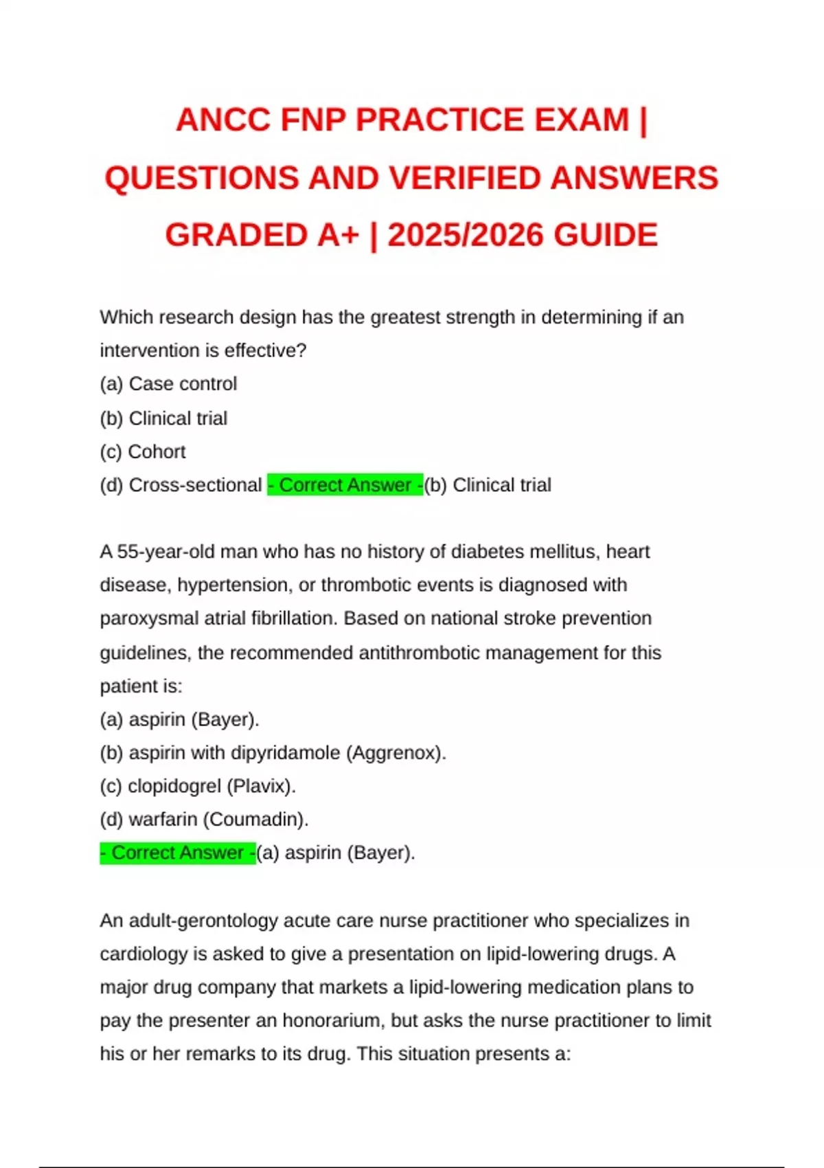 BUNDLE FOR ANCC FNP PRACTICE EXAM | QUESTIONS AND VERIFIED ANSWERS ...