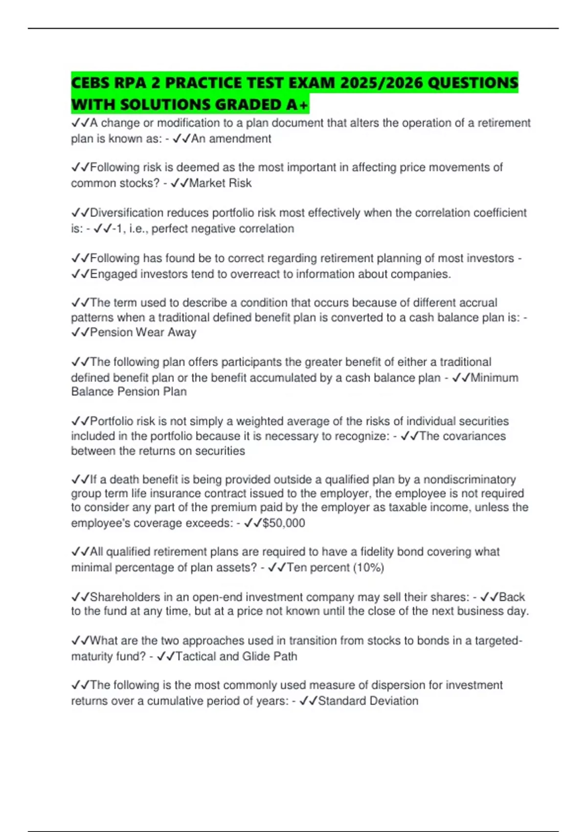 CEBS RPA 2 PRACTICE TEST EXAM 2025/2026 QUESTIONS WITH SOLUTIONS GRADED ...