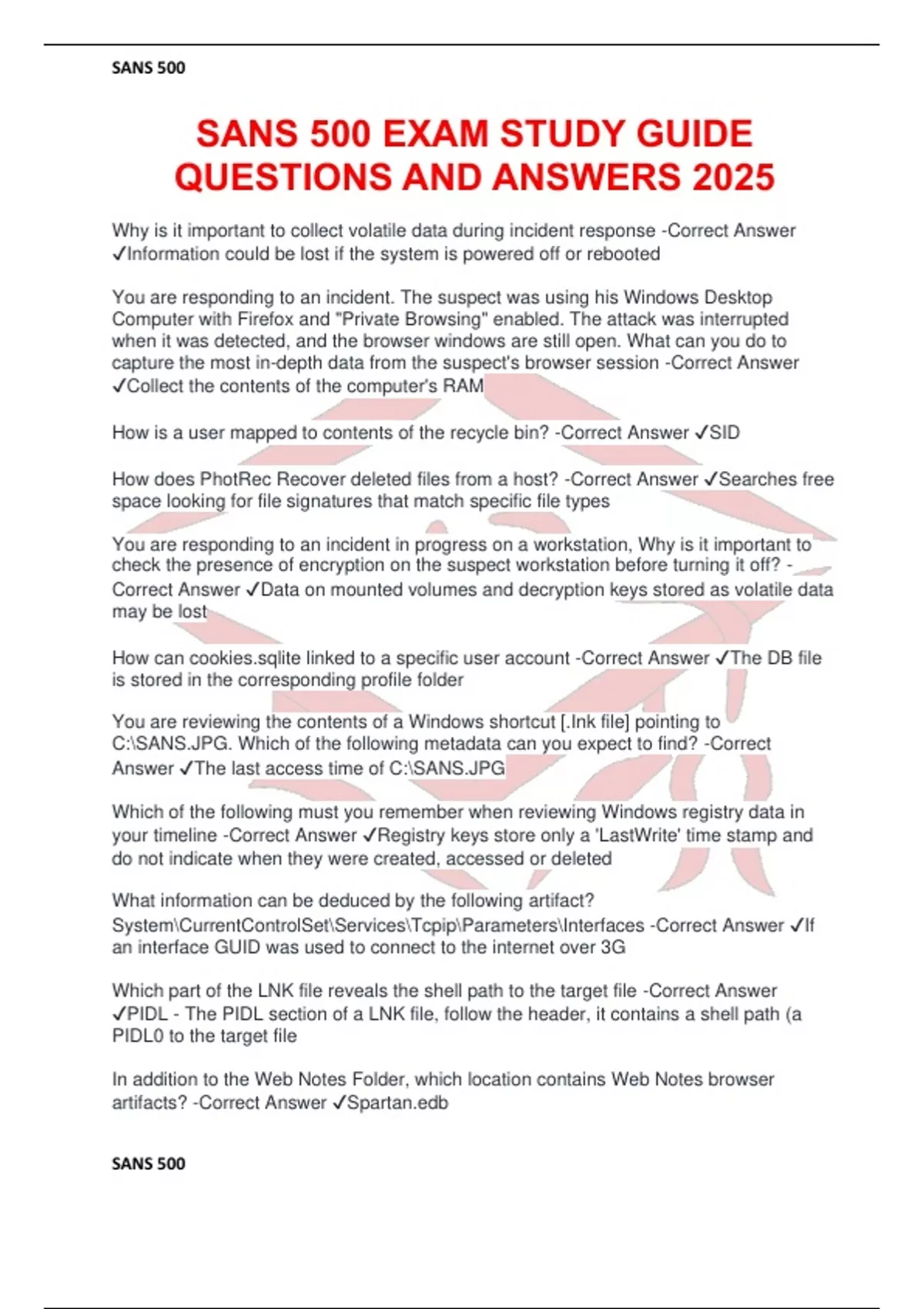 SANS 500 EXAM STUDY GUIDE QUESTIONS AND ANSWERS 2025 - SANS 500 - Stuvia US