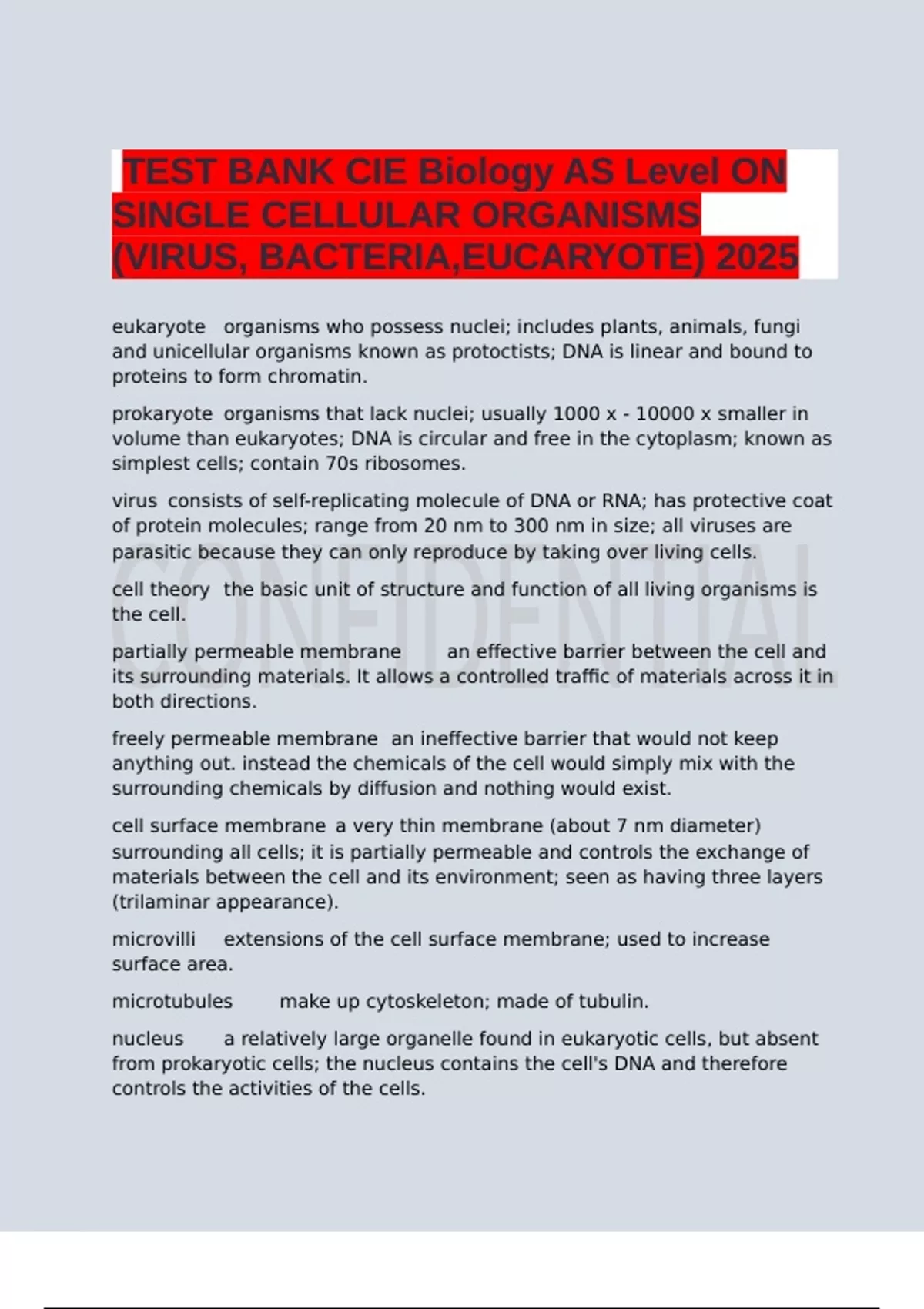 TEST BANK CIE Biology AS Level ON SINGLE CELLULAR ORGANISMS (VIRUS ...