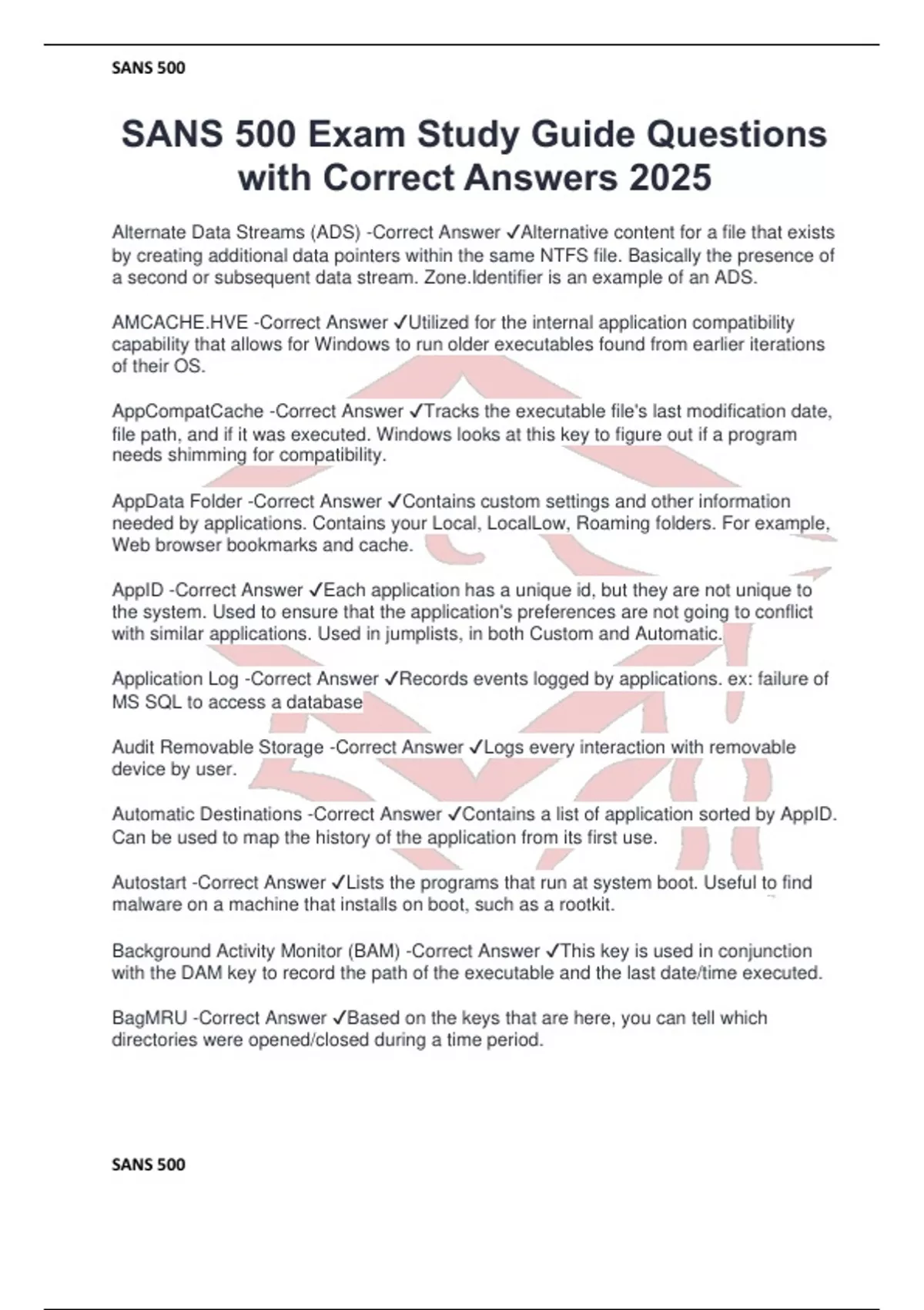 SANS 500 Exam Study Guide Questions with Correct Answers 2025 - SANS ...