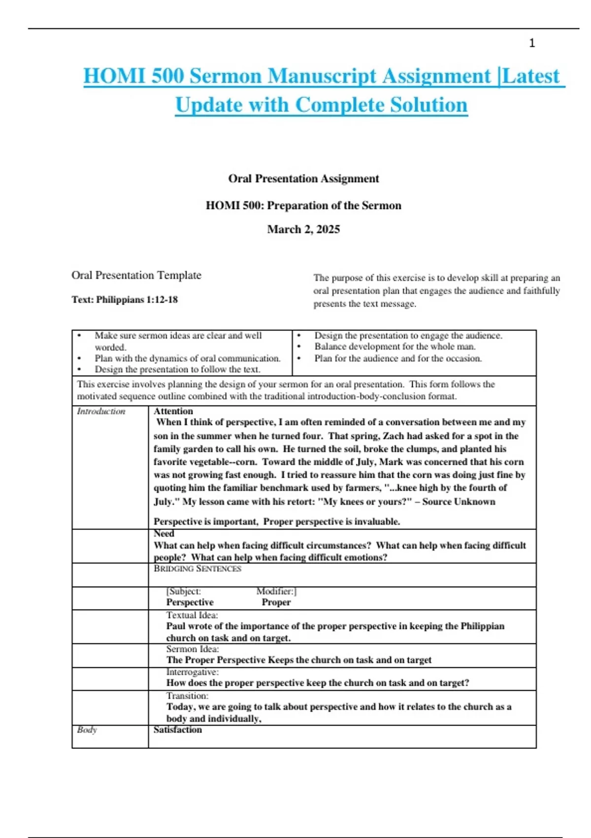 HOMI 500 Sermon Manuscript Assignment |Latest Update with Complete ...