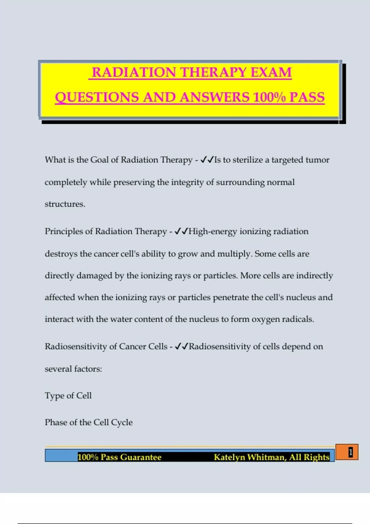 RADIATION THERAPY EXAM QUESTIONS AND ANSWERS 100% PASS - Radiation ...