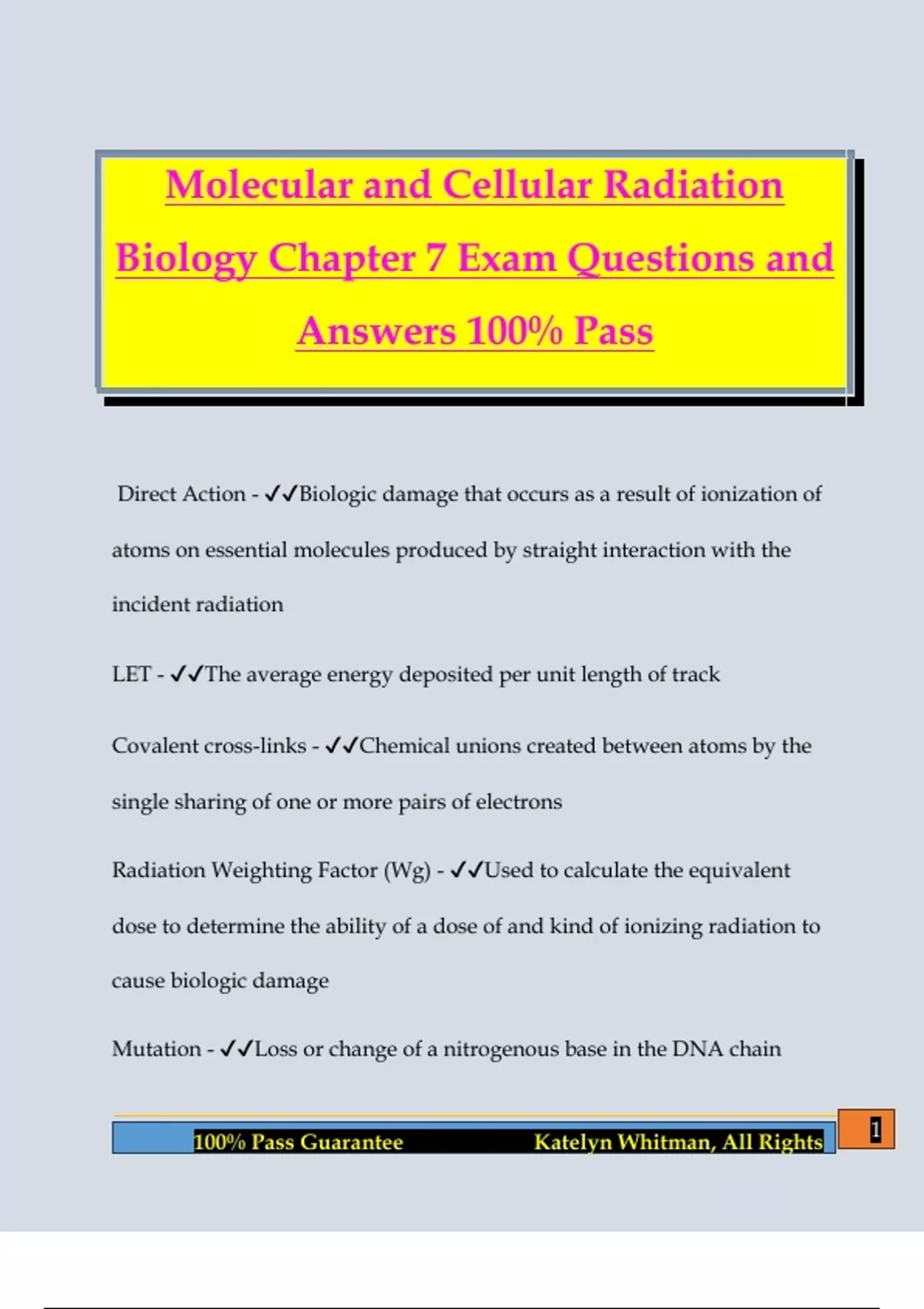Molecular and Cellular Radiation Biology Chapter 7 Exam Questions and ...