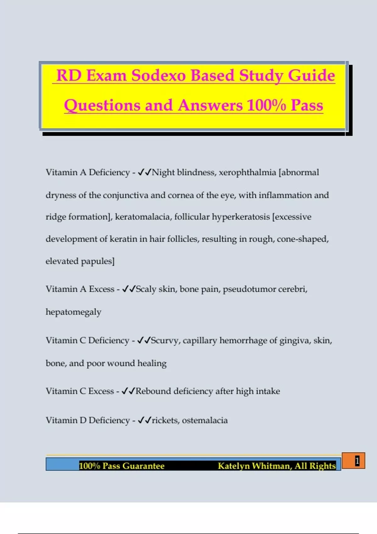 RD Exam Sodexo Based Study Guide Questions and Answers 100% Pass - CDR ...