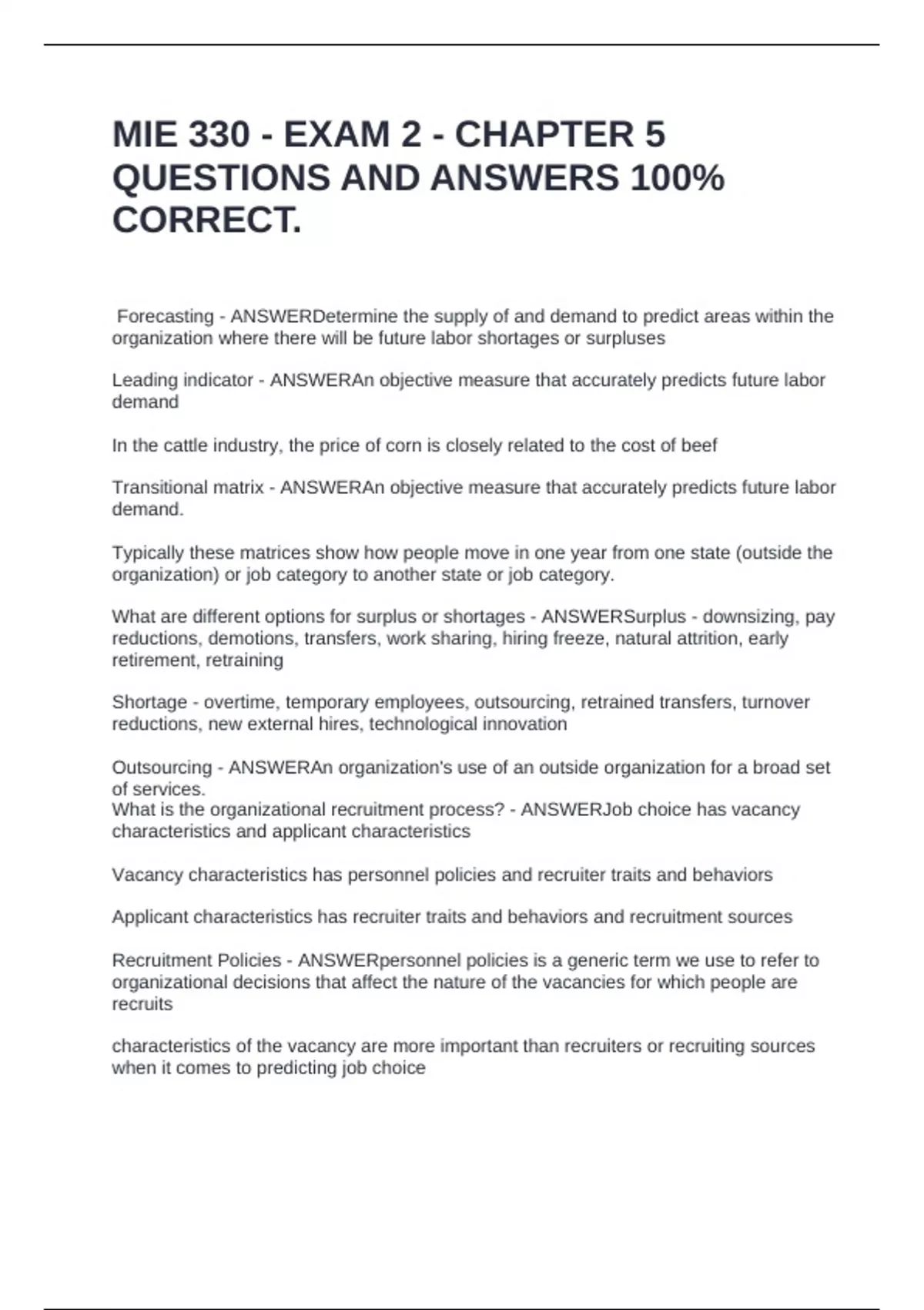 MIE 330 - EXAM 2 - CHAPTER 5 QUESTIONS AND ANSWERS 100% CORRECT. - MIE 330 - - Stuvia US