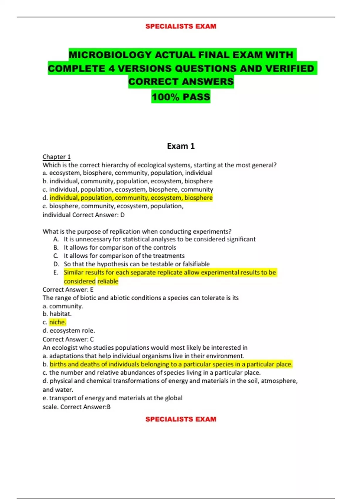 Microbiology Actual Final Exam With Complete 4 Versions Questions And