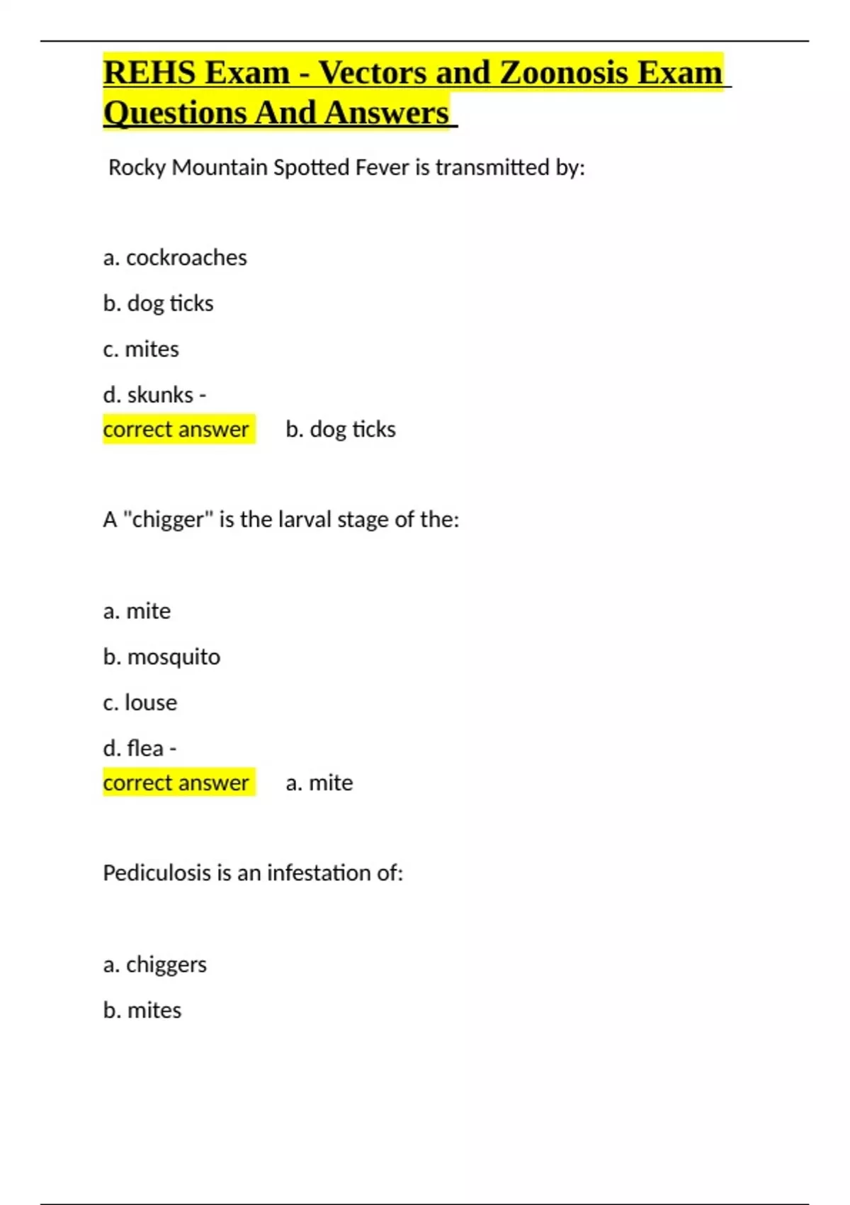 REHS Exam - Vectors and Zoonosis Exam Questions And Answers.docx - REHS ...