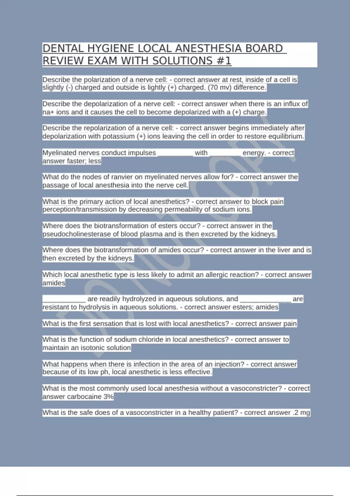 DENTAL HYGIENE LOCAL ANESTHESIA BOARD REVIEW EXAM WITH SOLUTIONS -1 ...