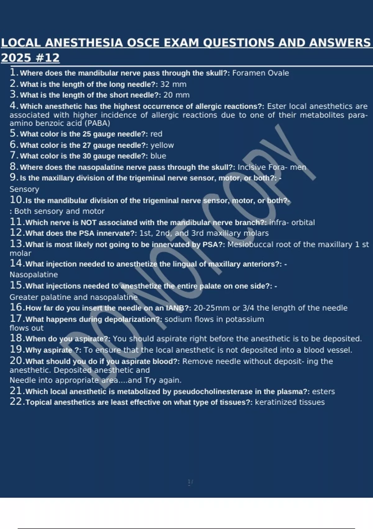 LOCAL ANESTHESIA OSCE EXAM QUESTIONS AND ANSWERS 2025 -12 - Dental ...
