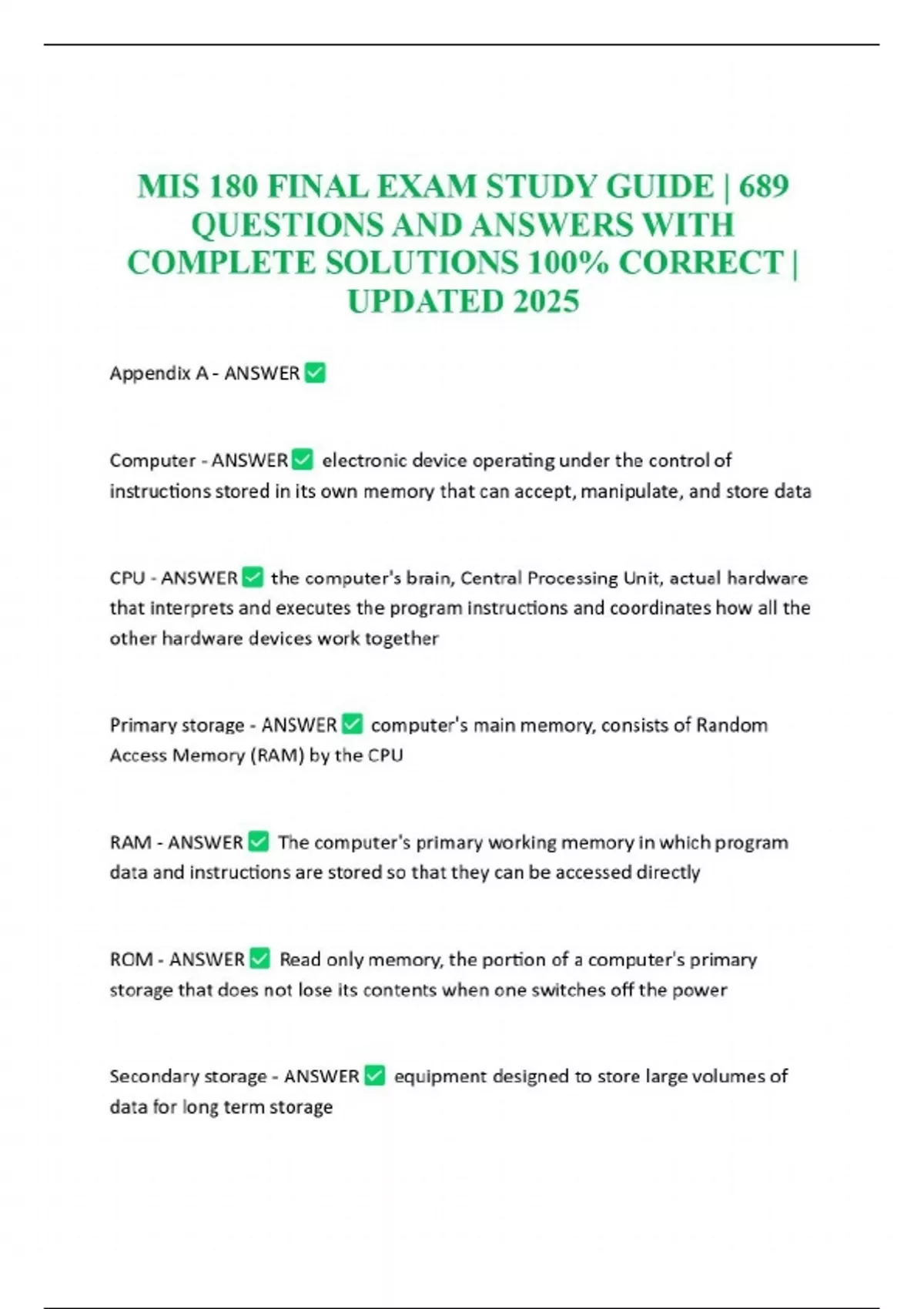 MIS 180 FINAL EXAM STUDY GUIDE | 689 QUESTIONS AND ANSWERS WITH ...