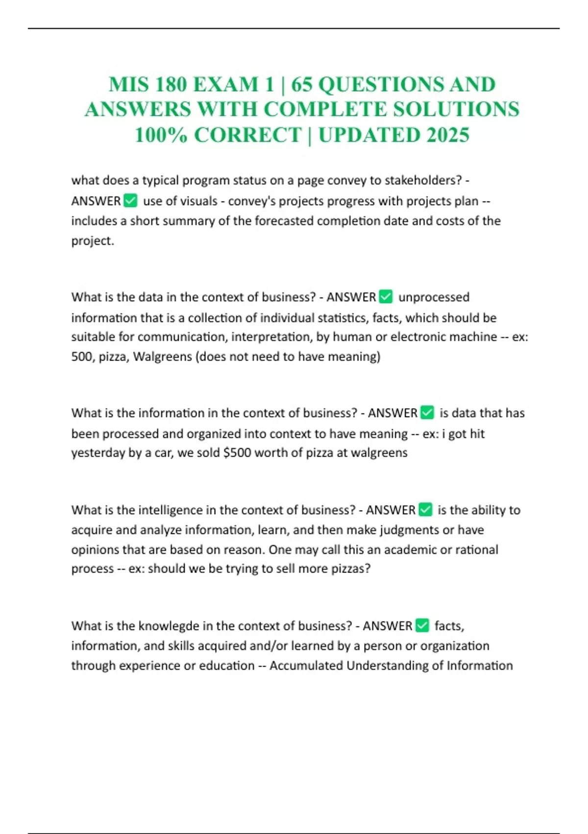 MIS 180 EXAM 1 | 65 QUESTIONS AND ANSWERS WITH COMPLETE SOLUTIONS 100% ...