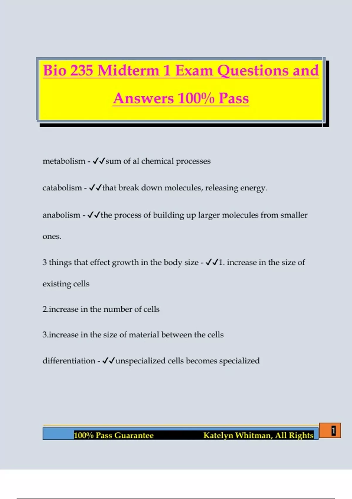 Bio 235 Midterm 1 Exam Questions and Answers 100% Pass - BIOL 235 - Stuvia US