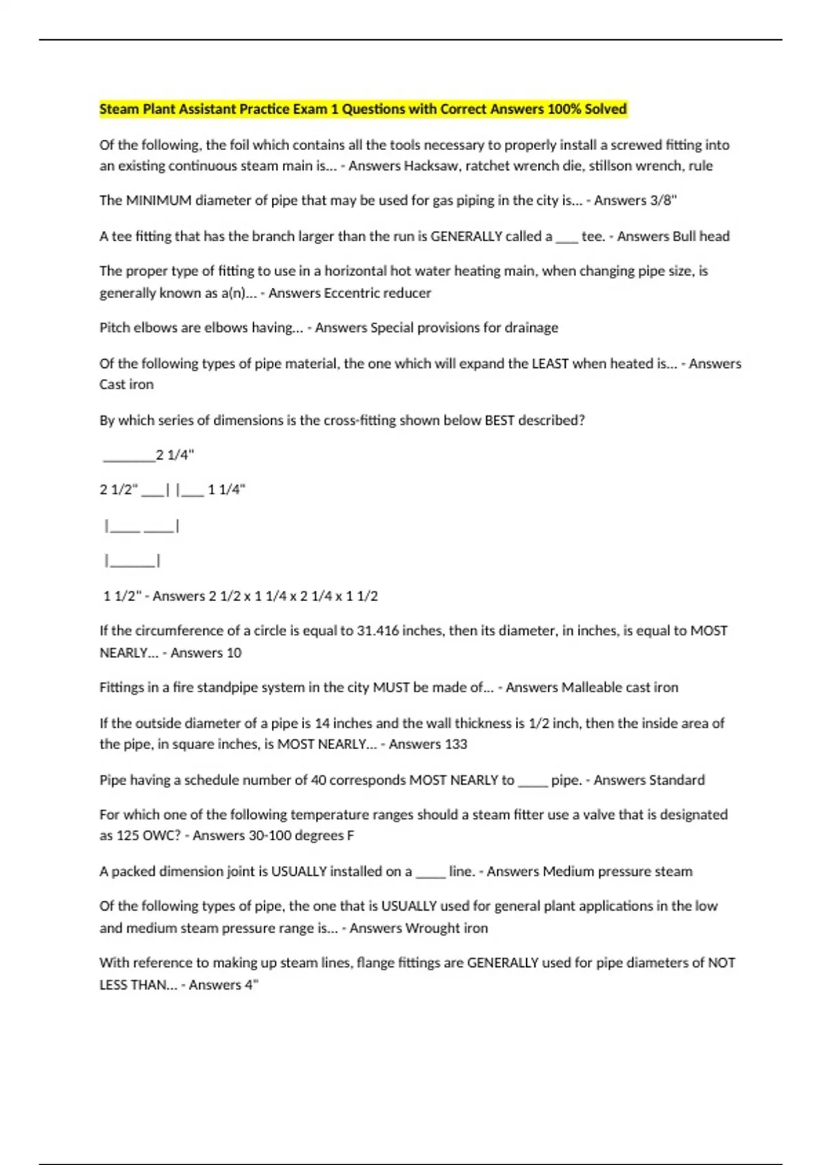 Steam Plant Assistant Practice Exam 1 Questions with Correct Answers ...