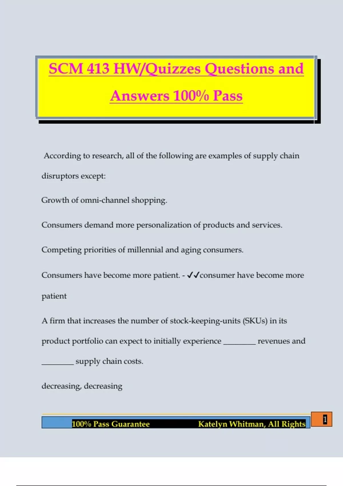 SCM 413 HW/Quizzes Questions and Answers 100% Pass - SCM 413 - Stuvia UK