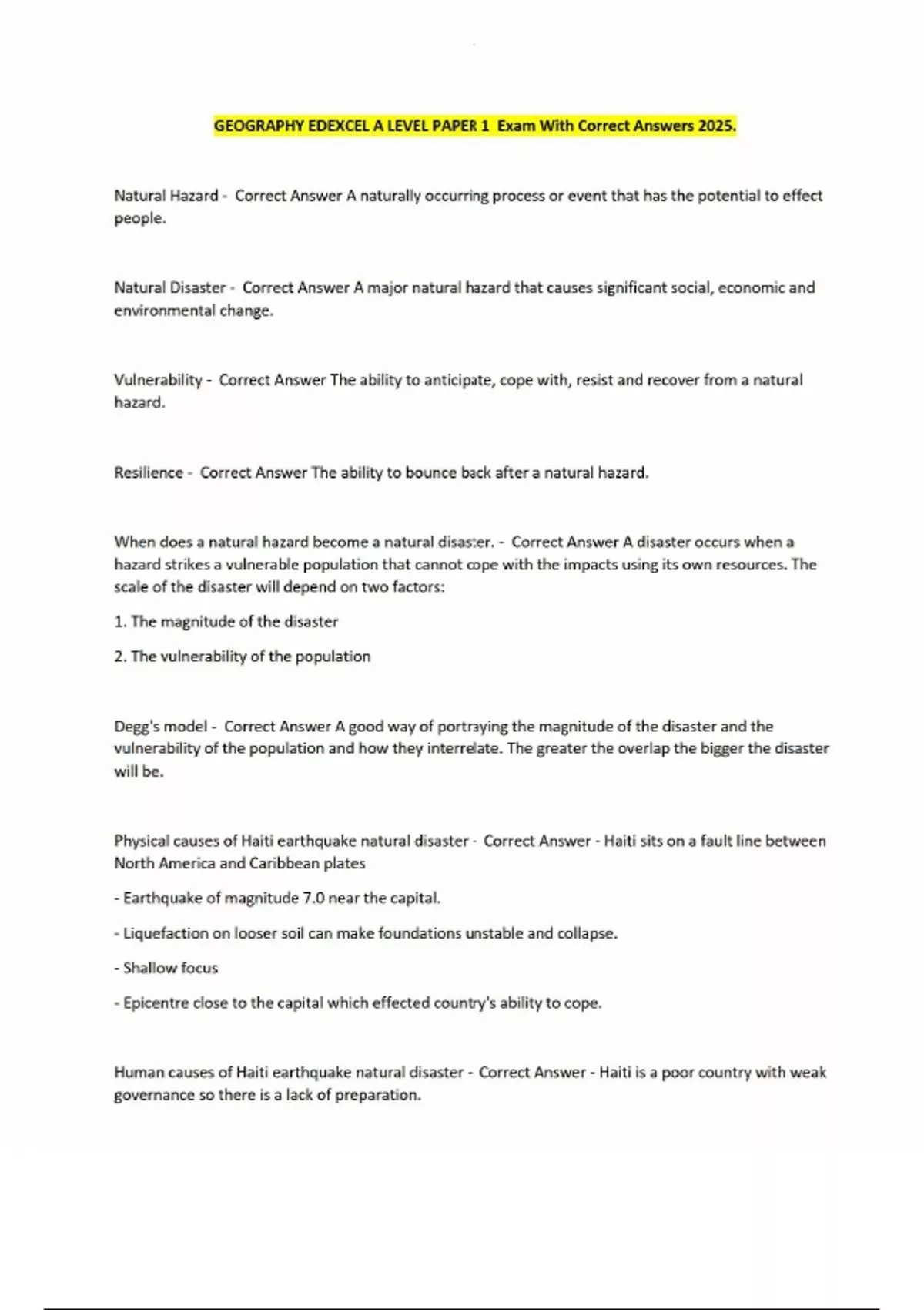 GEOGRAPHY EDEXCEL A LEVEL PAPER 1 Exam With Correct Answers 2025 ...