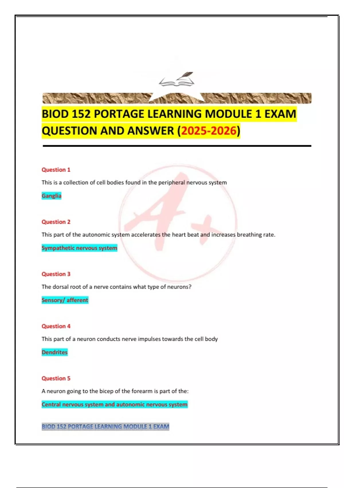 BIOD 152 PORTAGE LEARNING ANATOMY & PHYSIOLOGY 2: MODULE 1 EXAM ...