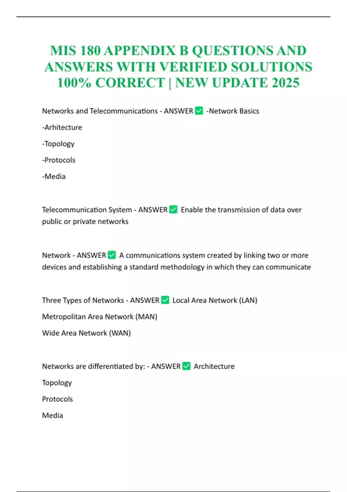 MIS 180 APPENDIX B QUESTIONS AND ANSWERS WITH VERIFIED SOLUTIONS 100% CORRECT | NEW UPDATE 2025 ...