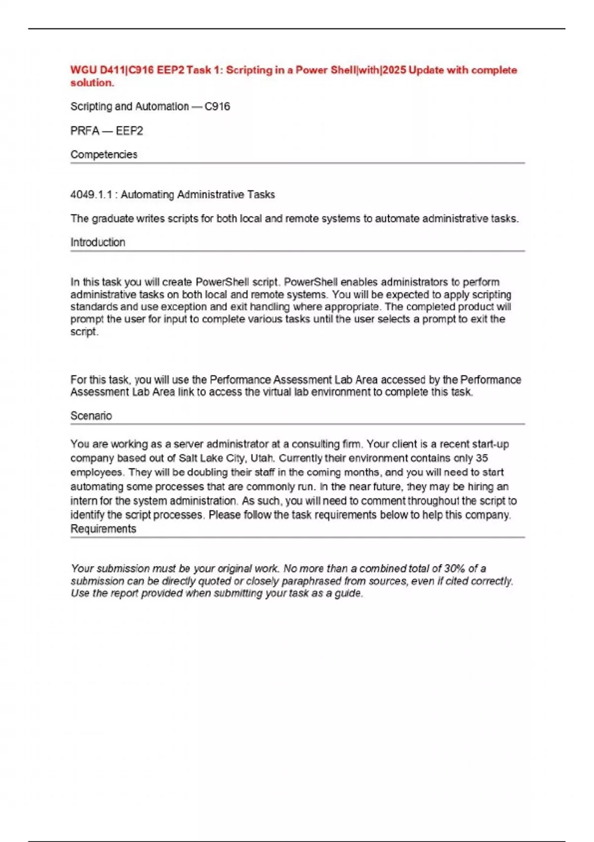 WGU D411|C916 EEP2 Task 1: Scripting in a Power Shell|with|2025 Update with complete solution ...