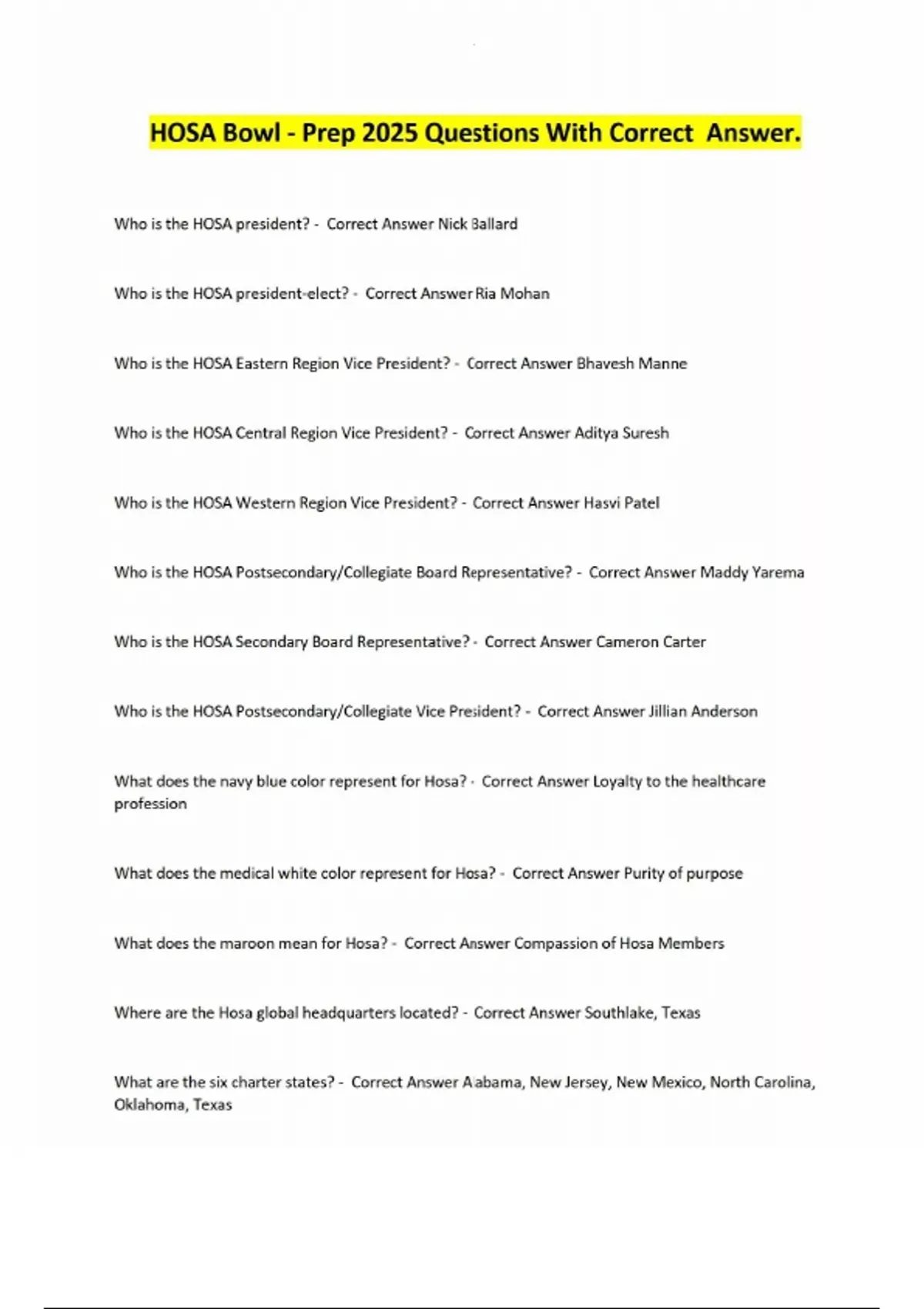HOSA Bowl - Prep 2025 Questions With Correct Answer. - HOSA BOWL ...