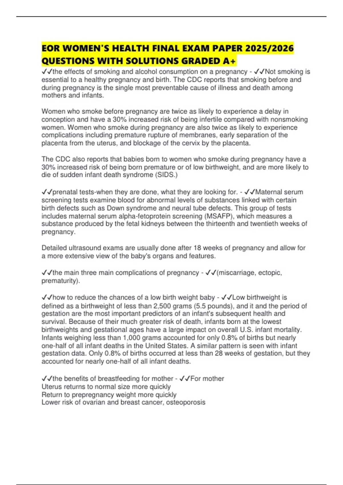 EOR WOMEN'S HEALTH FINAL EXAM PAPER 2025/2026 QUESTIONS WITH SOLUTIONS ...