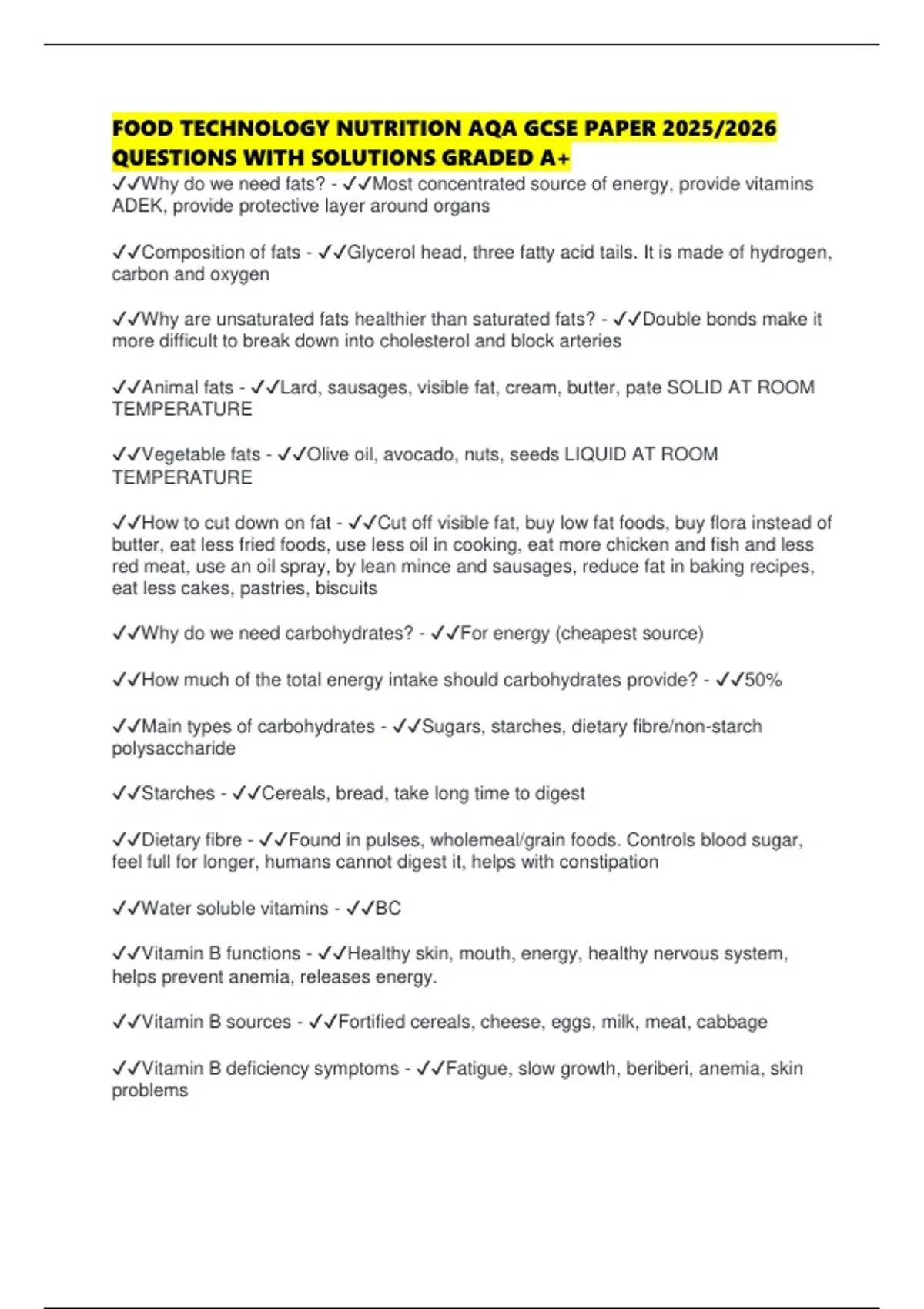 FOOD TECHNOLOGY NUTRITION AQA GCSE PAPER 2025/2026 QUESTIONS WITH ...