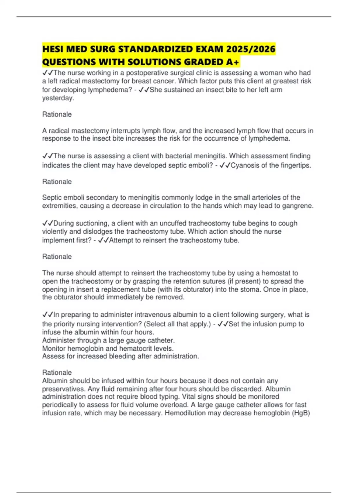 HESI MED SURG STANDARDIZED EXAM 2025/2026 QUESTIONS WITH SOLUTIONS ...