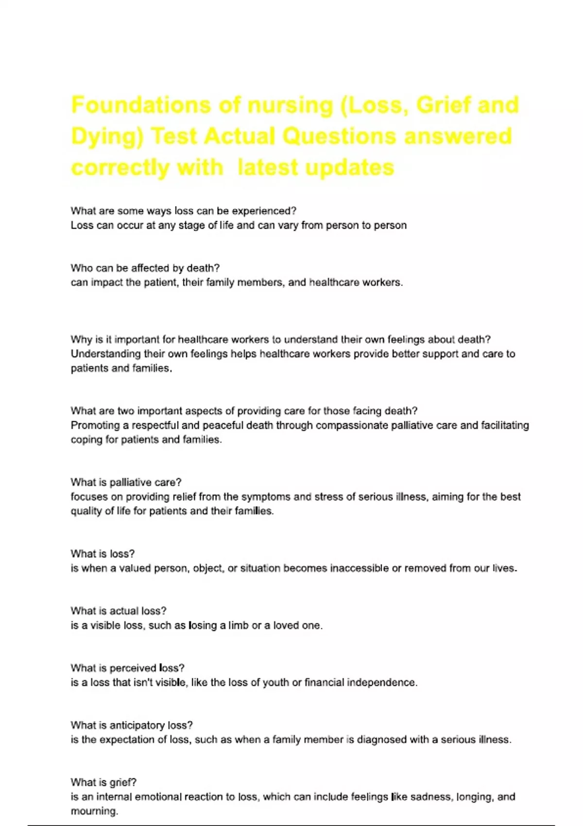 Foundations of nursing (Loss, Grief and Dying) Test Actual Questions ...