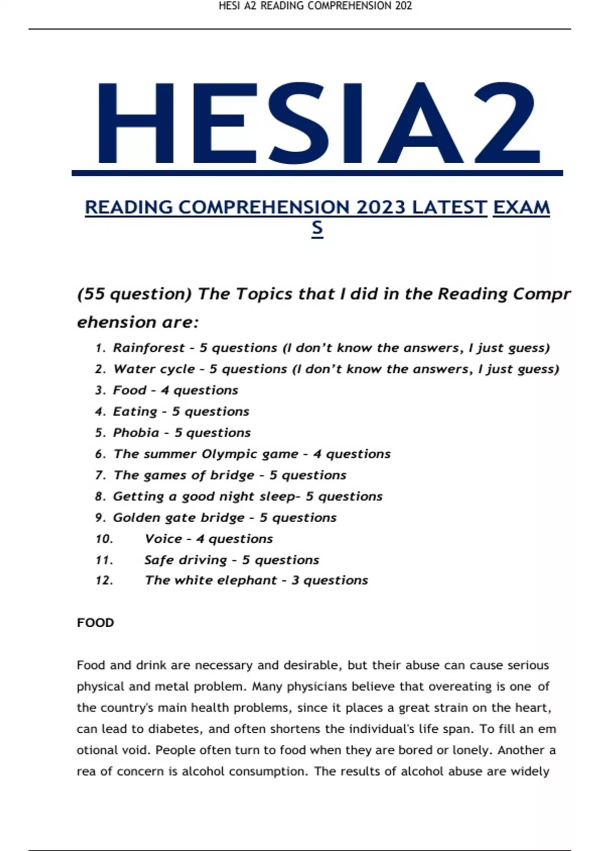 HESI A2 Version 1, READING COMPREHENSION, Health Information Systems ...