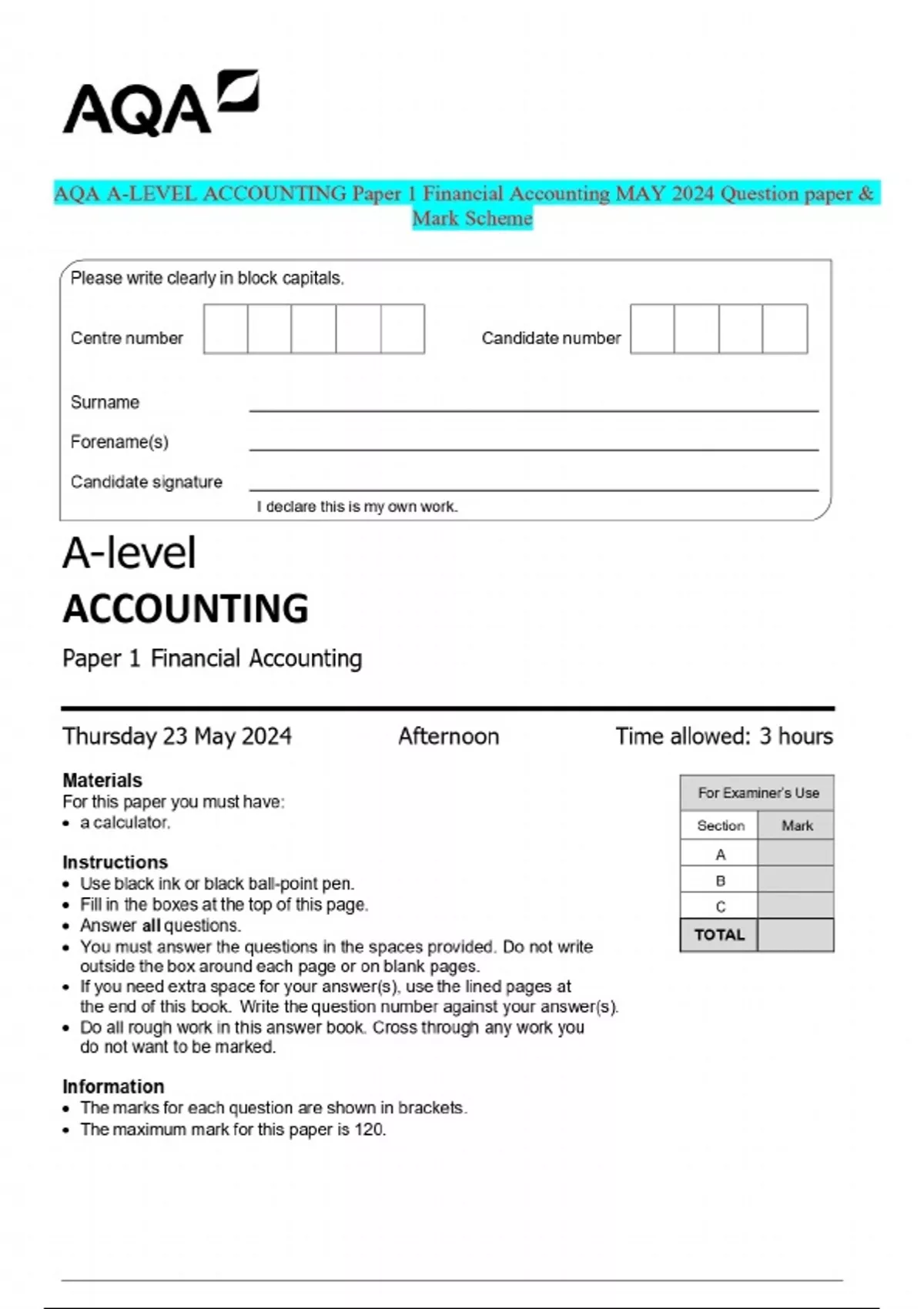 AQA A-LEVEL ACCOUNTING Paper 1 Financial Accounting MAY 2024 Question ...