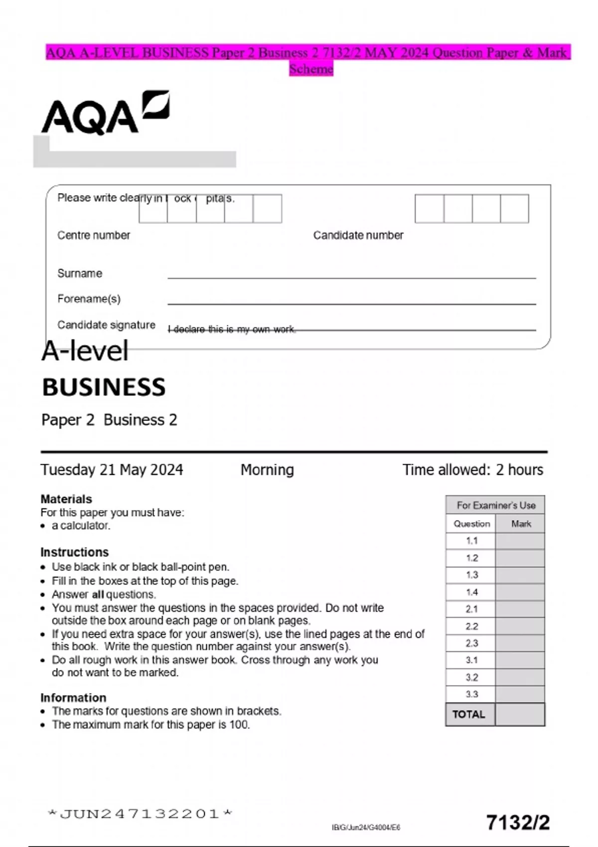 AQA A-LEVEL BUSINESS Paper 2 Business 2 7132/2 MAY 2024 Question Paper ...