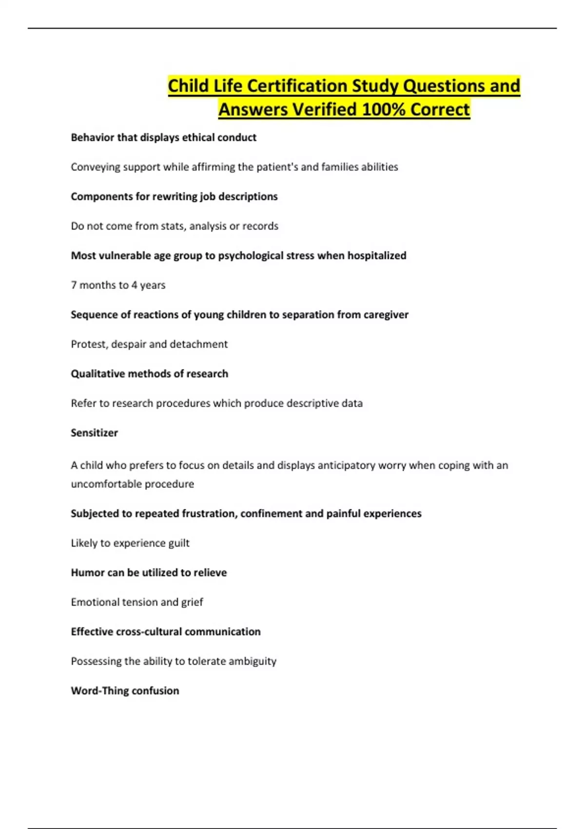 Child Life Certification Study Questions and Answers Verified 100% ...