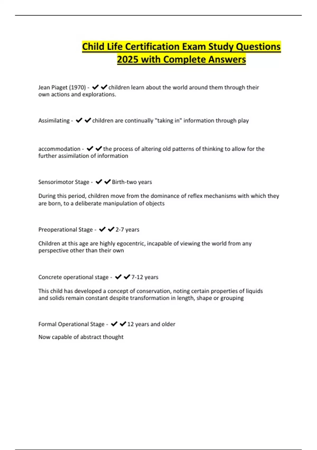 Child Life Certification Exam Study Questions 2025 with Complete ...