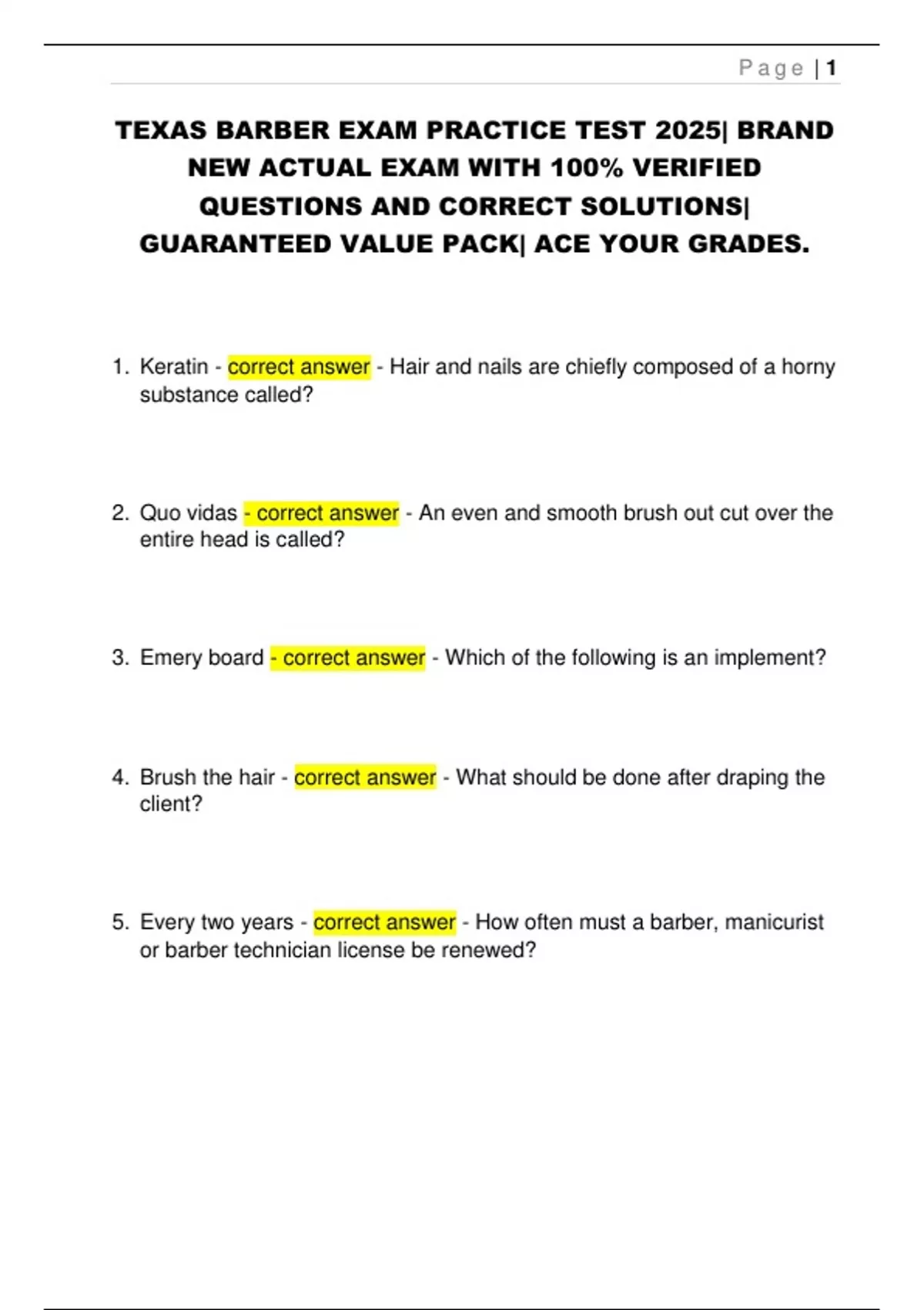 TEXAS BARBER EXAM PRACTICE TEST 2025| BRAND NEW ACTUAL EXAM WITH 100% ...