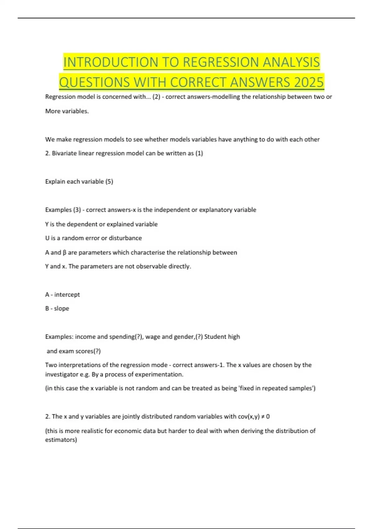 INTRODUCTION TO REGRESSION ANALYSIS QUESTIONS WITH CORRECT ANSWERS 2025 ...