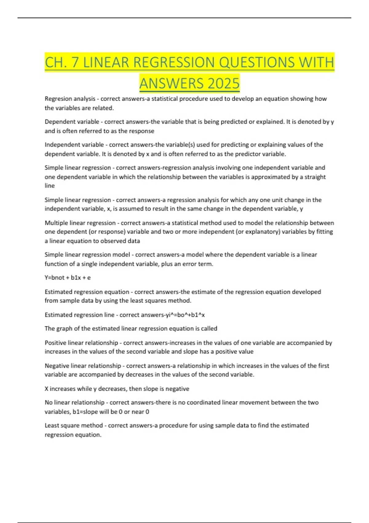CH. 7 LINEAR REGRESSION QUESTIONS WITH ANSWERS 2025 - Regression ...