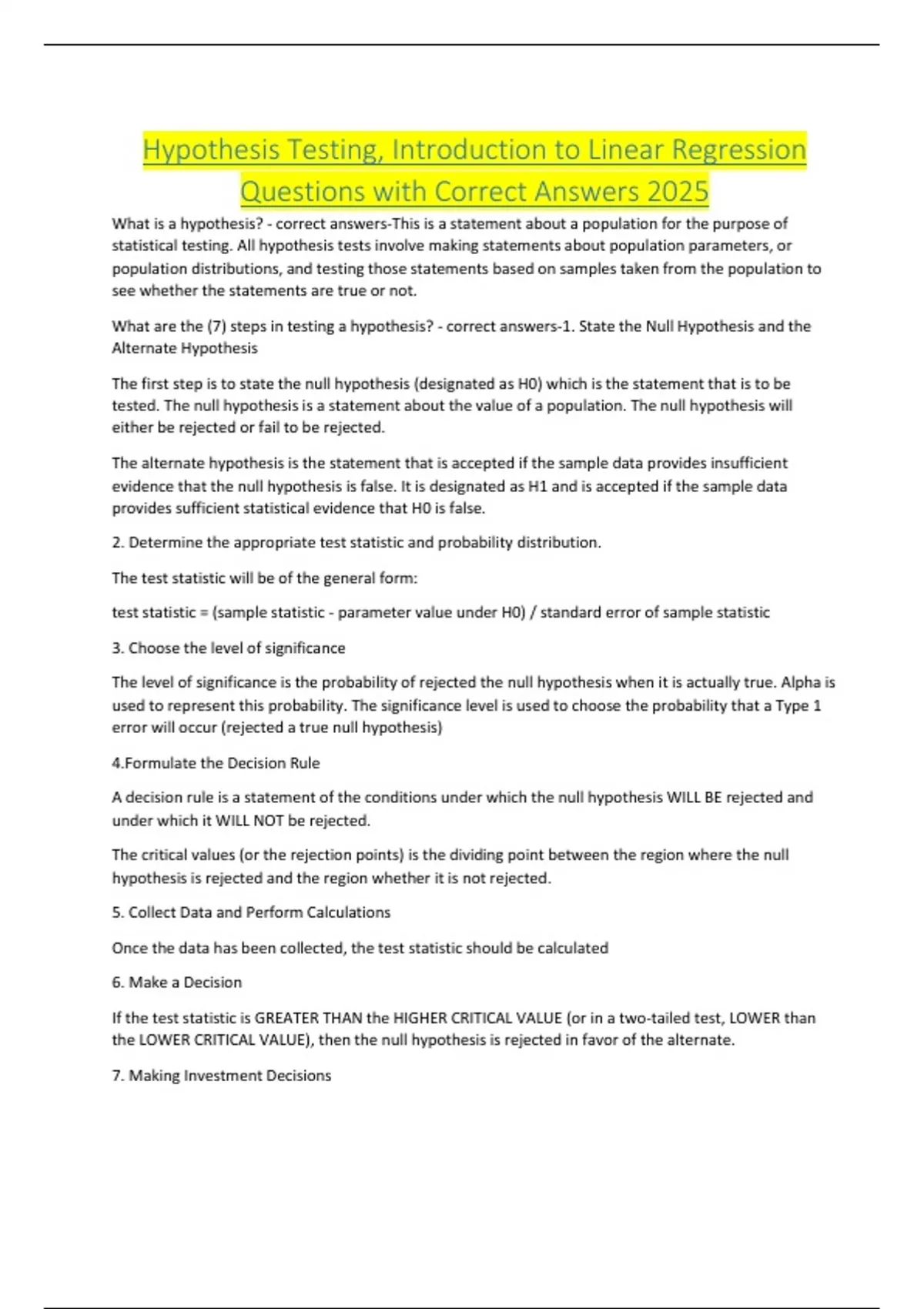 Hypothesis Testing, Introduction to Linear Regression Questions with ...