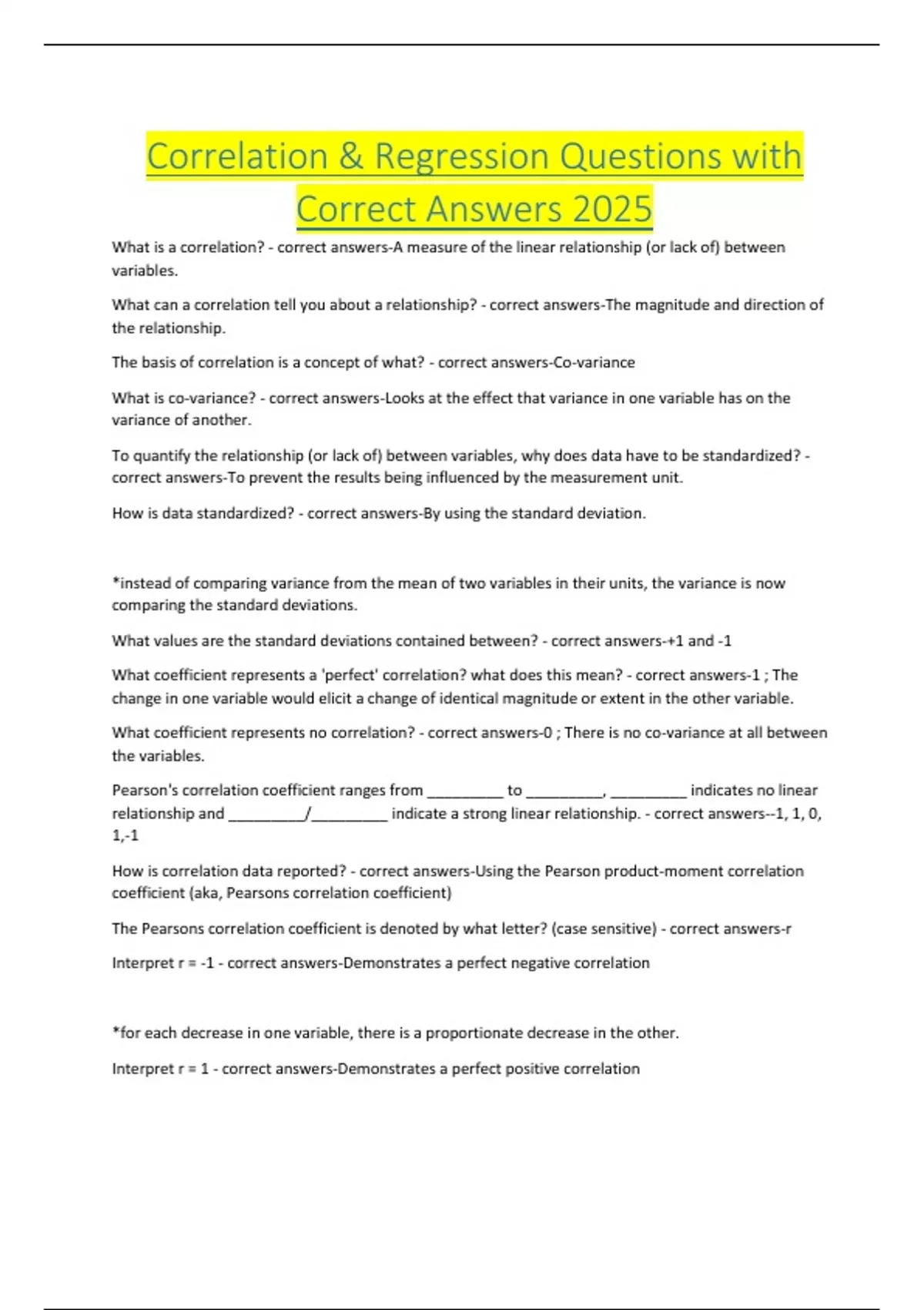 Correlation & Regression Questions with Correct Answers 2025 - Regression - Stuvia US