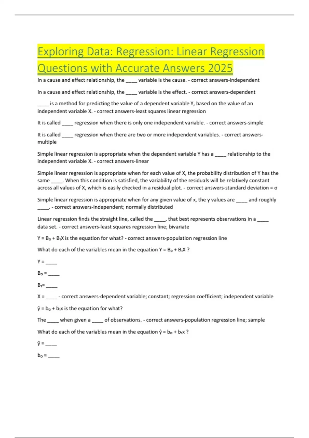 Exploring Data: Regression: Linear Regression Questions with Accurate Answers 2025 - Regression ...