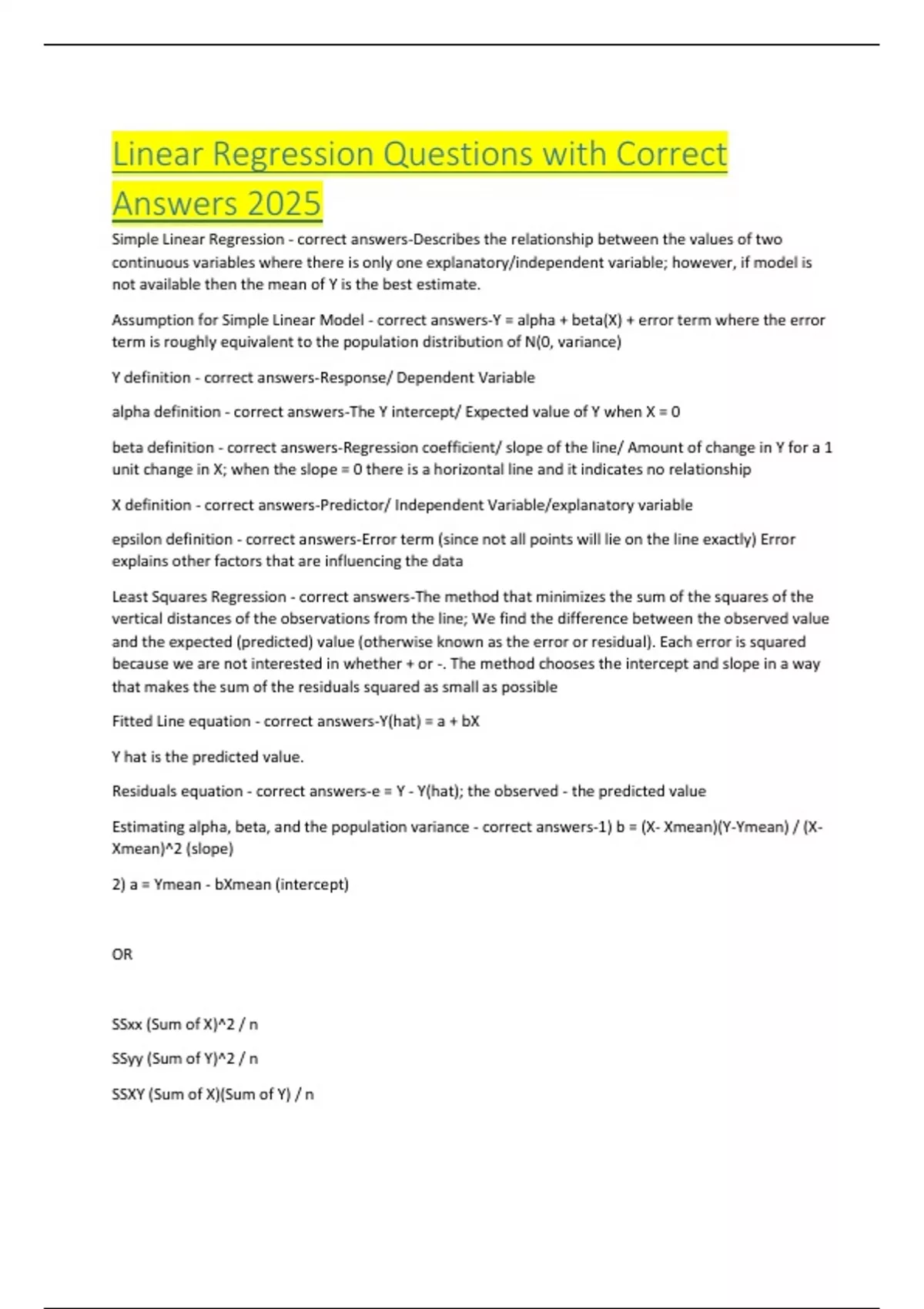 Linear Regression Questions with Correct Answers 2025 - Regression - Stuvia US