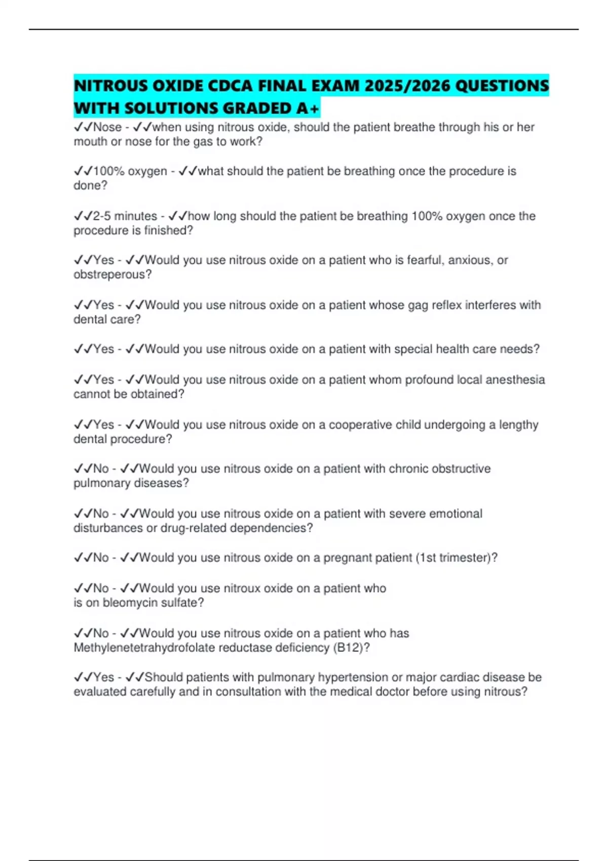 NITROUS OXIDE CDCA FINAL EXAM 2025/2026 QUESTIONS WITH SOLUTIONS GRADED ...