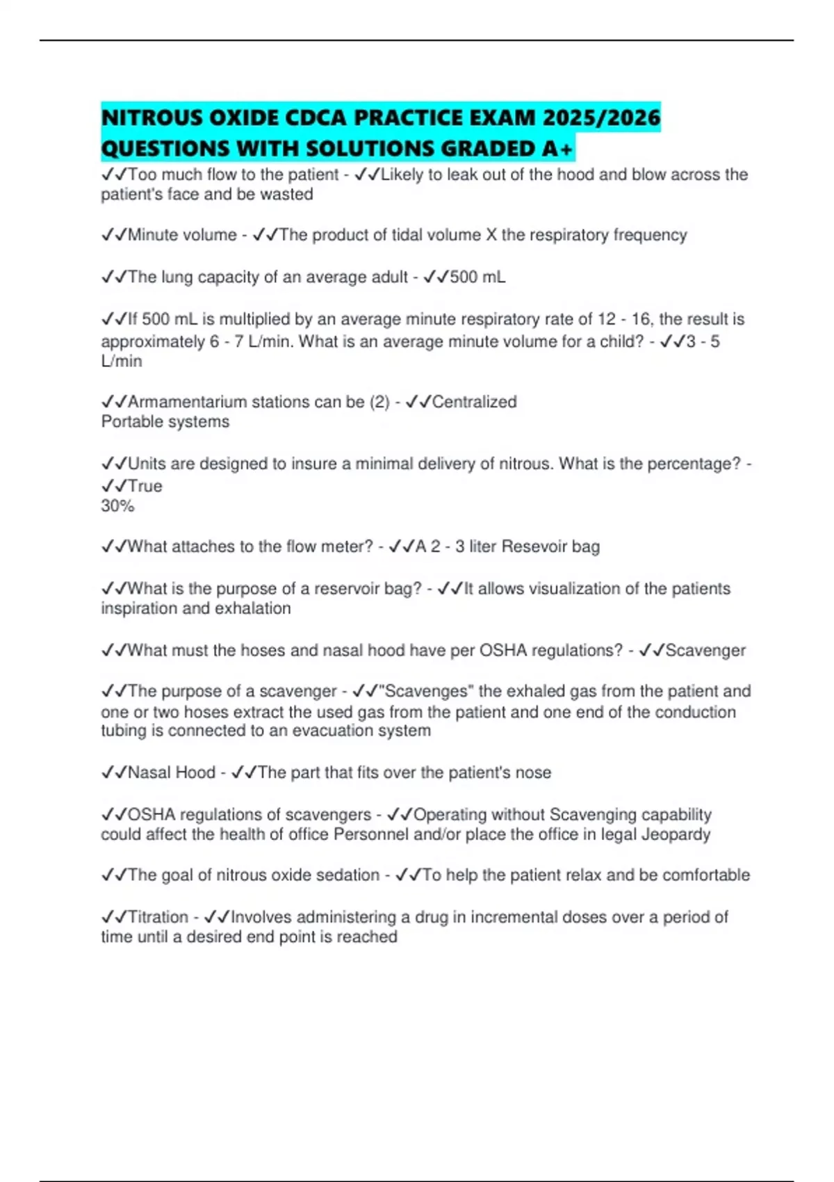 NITROUS OXIDE CDCA PRACTICE EXAM 2025/2026 QUESTIONS WITH SOLUTIONS ...