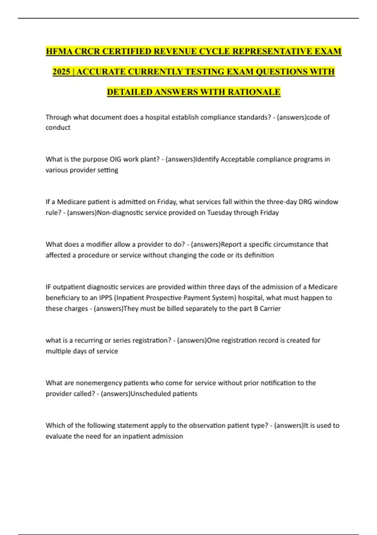 HFMA CRCR CERTIFIED REVENUE CYCLE REPRESENTATIVE EXAM 2025 | ACCURATE ...